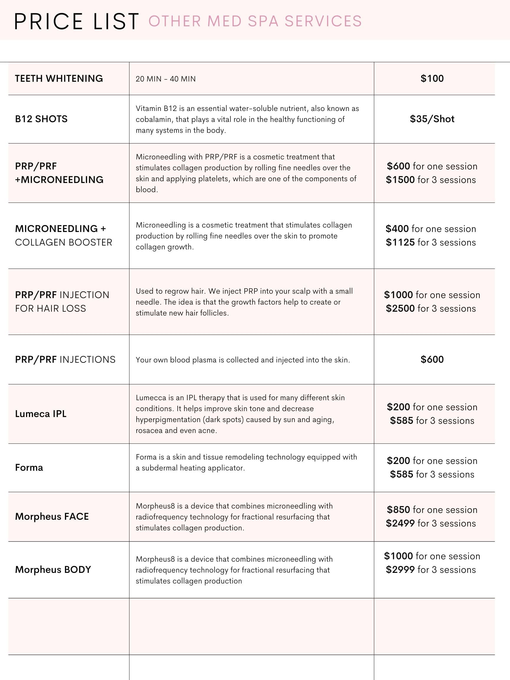 Our Prices | Fix Me Up Medical Spa